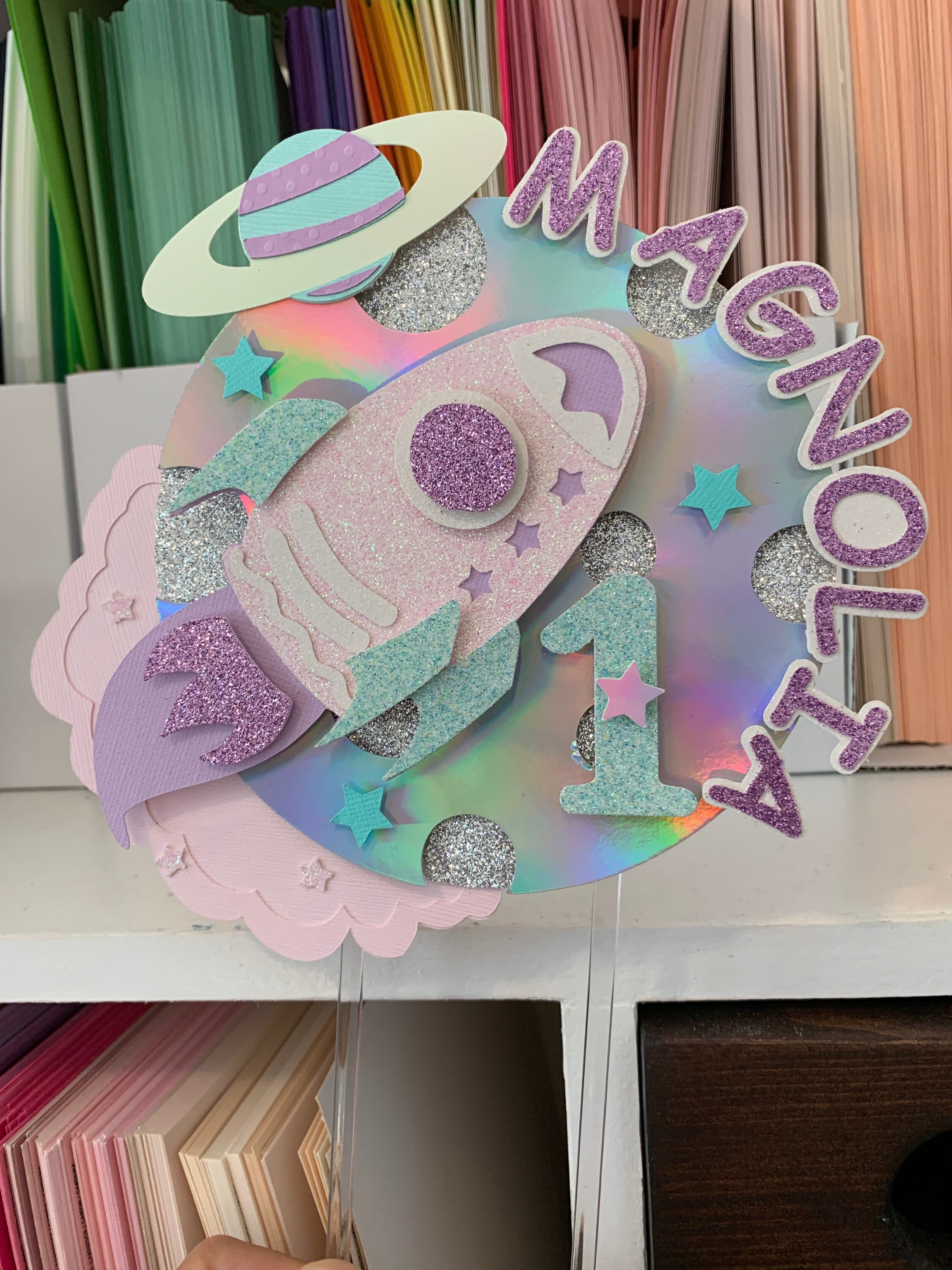 Rocket Ship Cake Topper, Glitter Outer Space Birthday Party Decoration ...