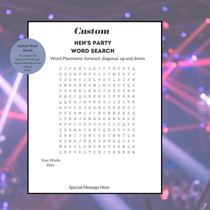 CUSTOM Word Search | Hen's Party, Hen's Night | 8.5x11" DIGITAL FILE ...