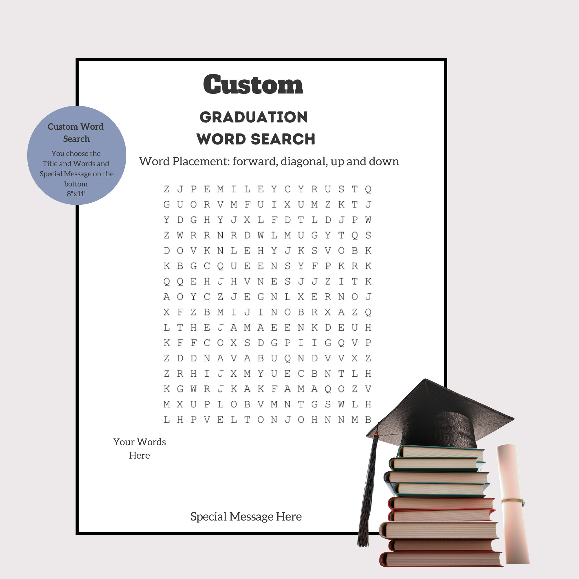 CUSTOM Word Search Graduation, Highschool, College 8.5x11 DIGITAL FILE ...
