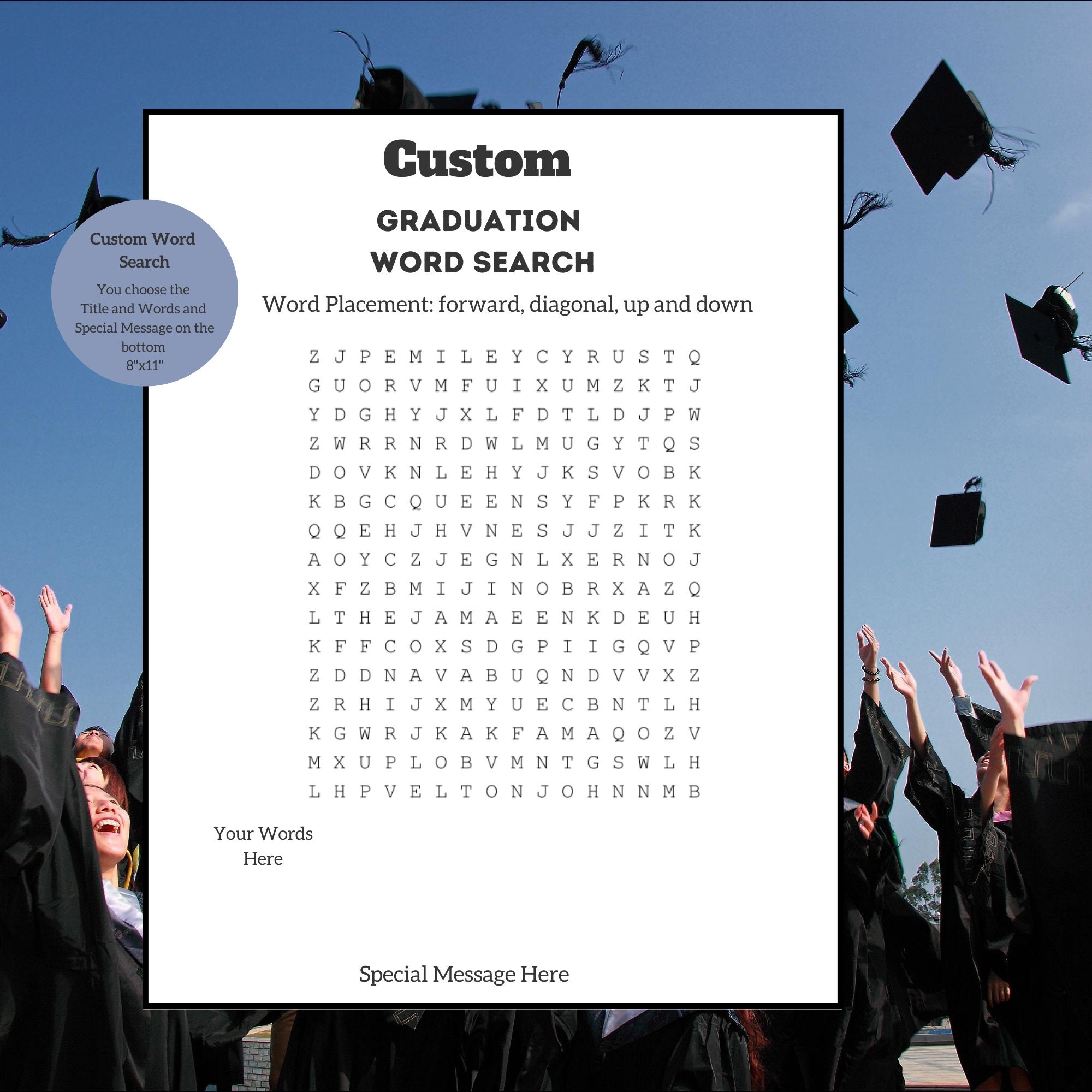 CUSTOM Word Search Graduation, Highschool, College 8.5x11 DIGITAL FILE ...