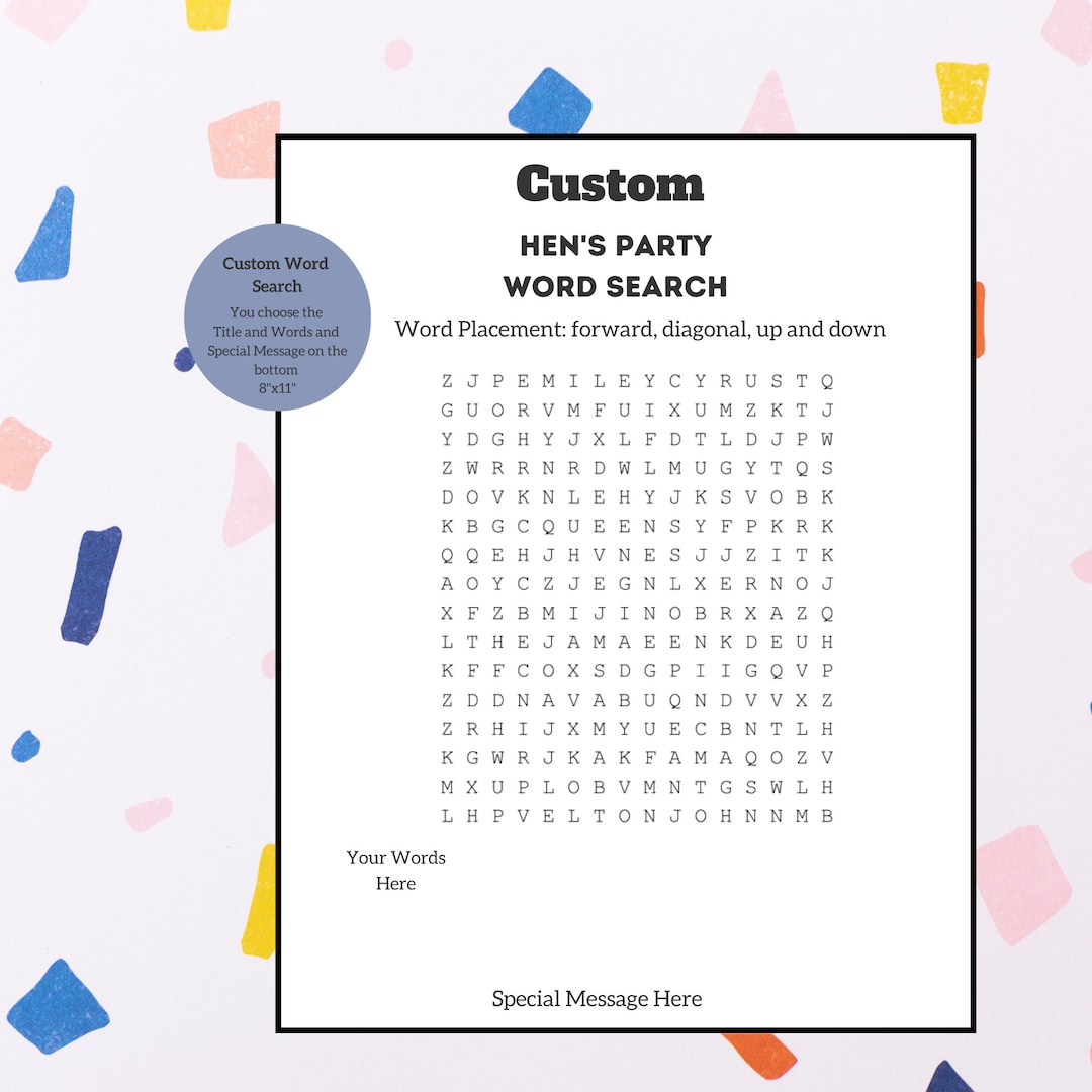 CUSTOM Word Search | Hen's Party, Hen's Night | 8.5x11" DIGITAL FILE ...