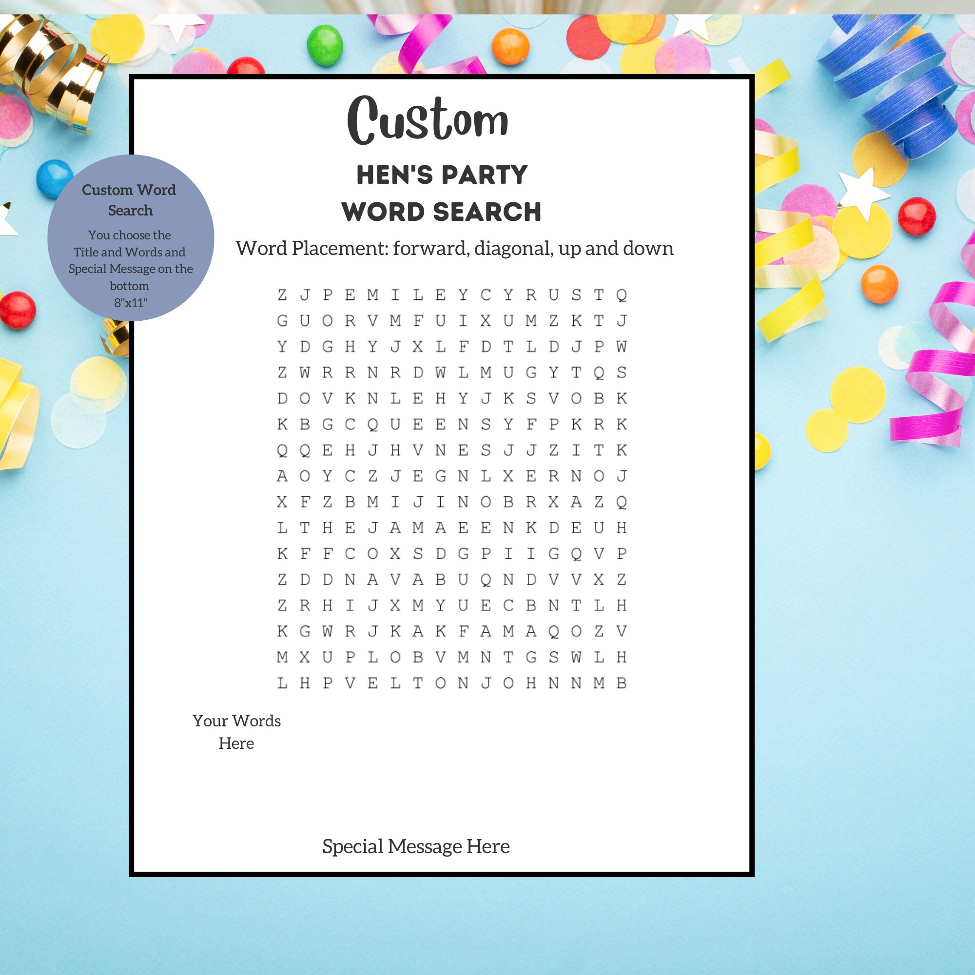 CUSTOM Word Search | Hen's Party, Hen's Night | 8.5x11" DIGITAL FILE ...