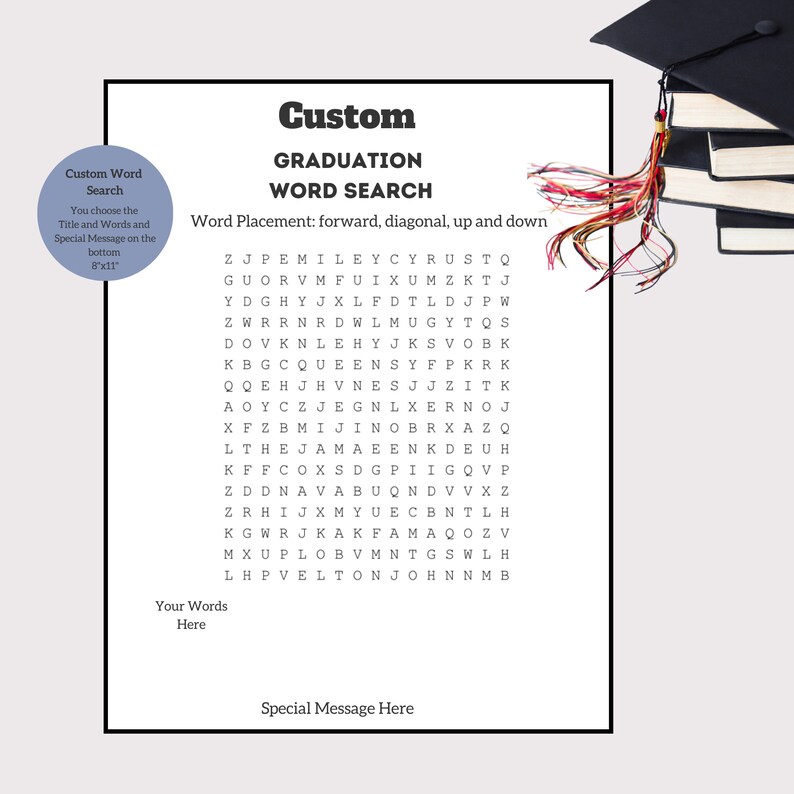 CUSTOM Word Search | Graduation, Highschool, College | 8.5x11" DIGITAL ...