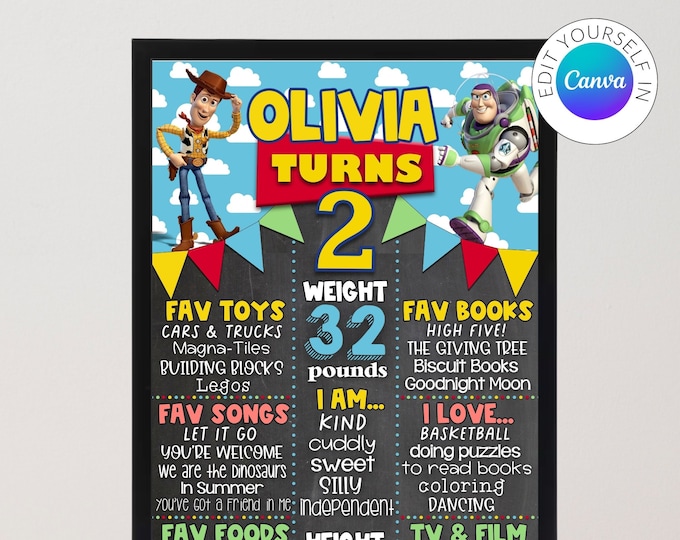Editable Toy Story Birthday Chalkboard Sign | Buzz Lightyear Birthday ...