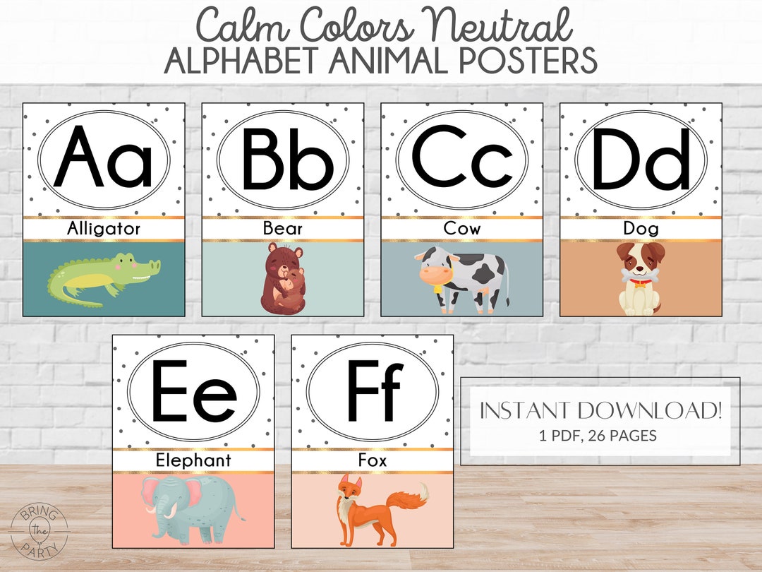 Neutral Calm Colors Alphabet Animal Posters | Neutral Alphabet Class ...