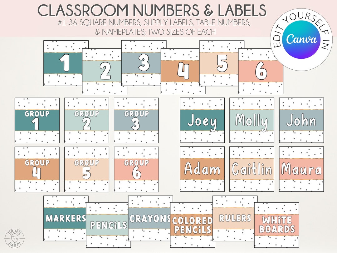 Editable Neutral Calming Colors Square Labels | Classroom Numbers ...