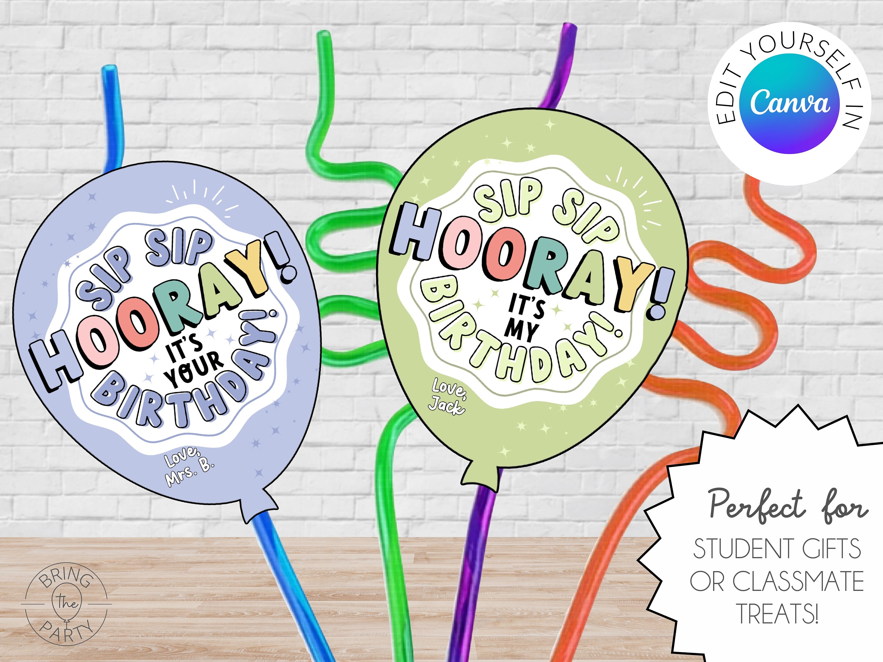 Editable Birthday Balloon Crazy Straw Label | Canva Template | Birthday ...