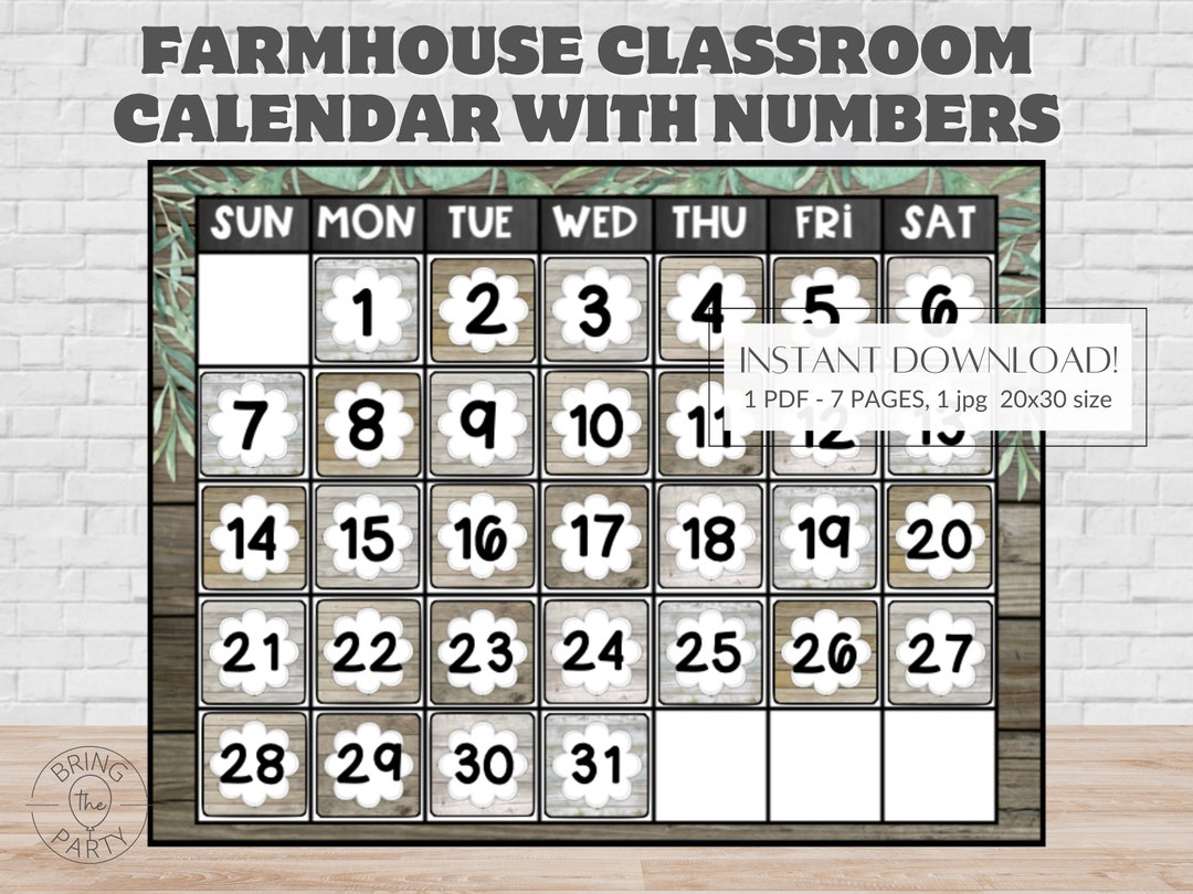 Farmhouse Classroom CALENDAR & NUMBERS, Greenery Eucalyptus Rustic ...