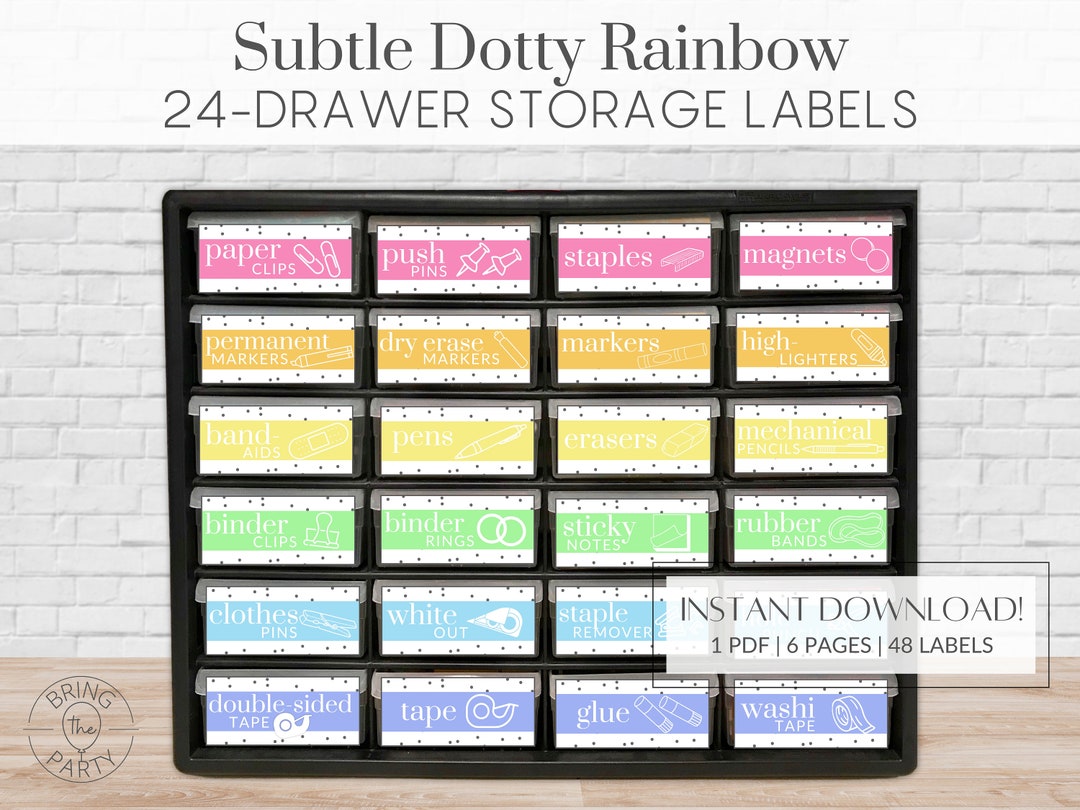 Subtle Dotty Rainbow Labels for Drawer Storage | 24-drawer Storage ...