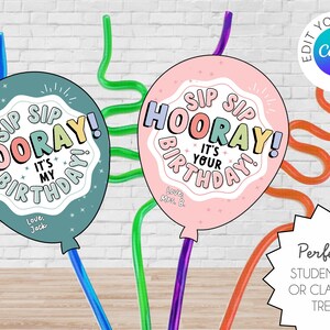 Editable Birthday Balloon Crazy Straw Label | Canva Template | Birthday ...