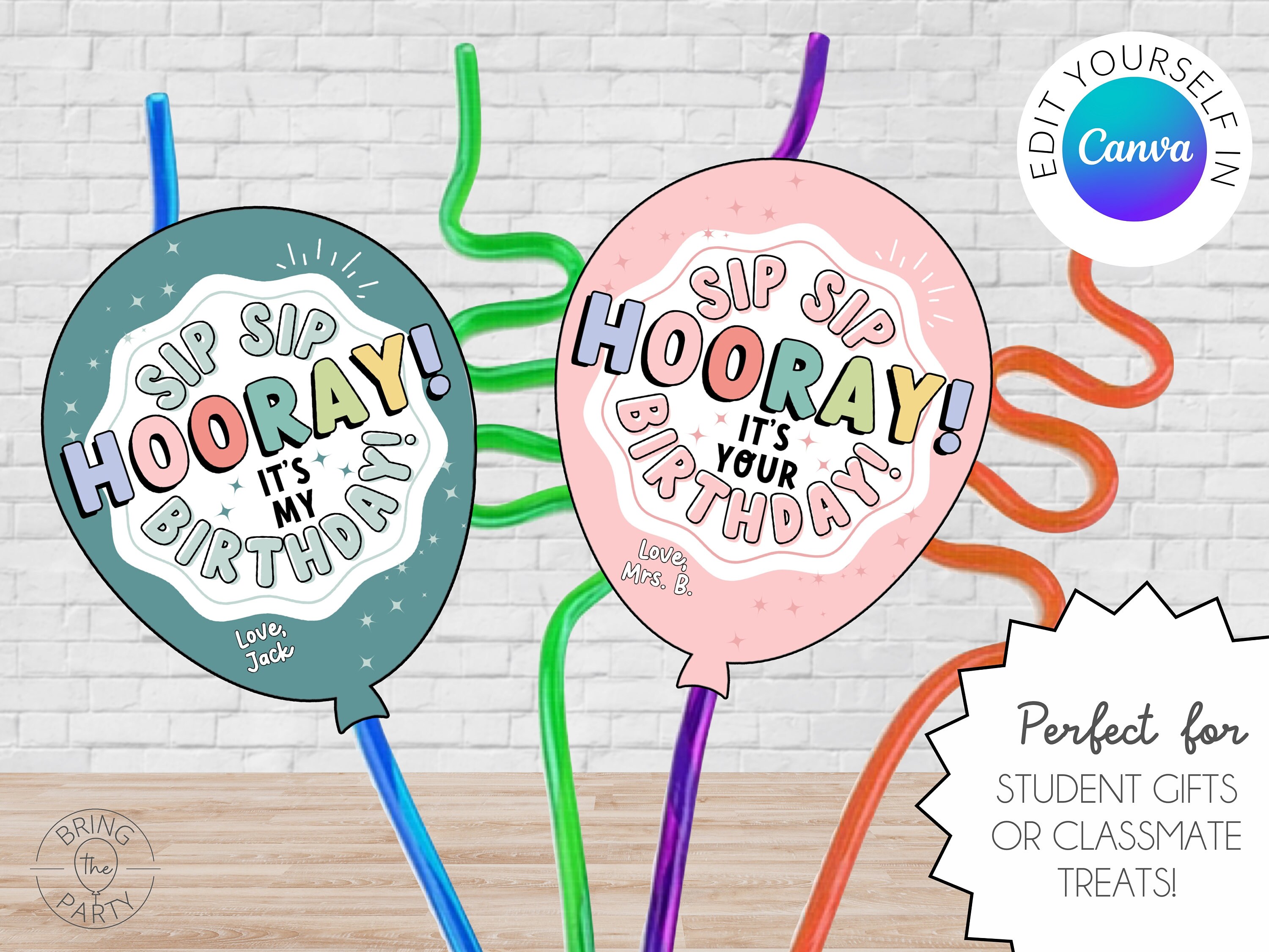 Editable Birthday Balloon Crazy Straw Label | Canva Template | Birthday ...