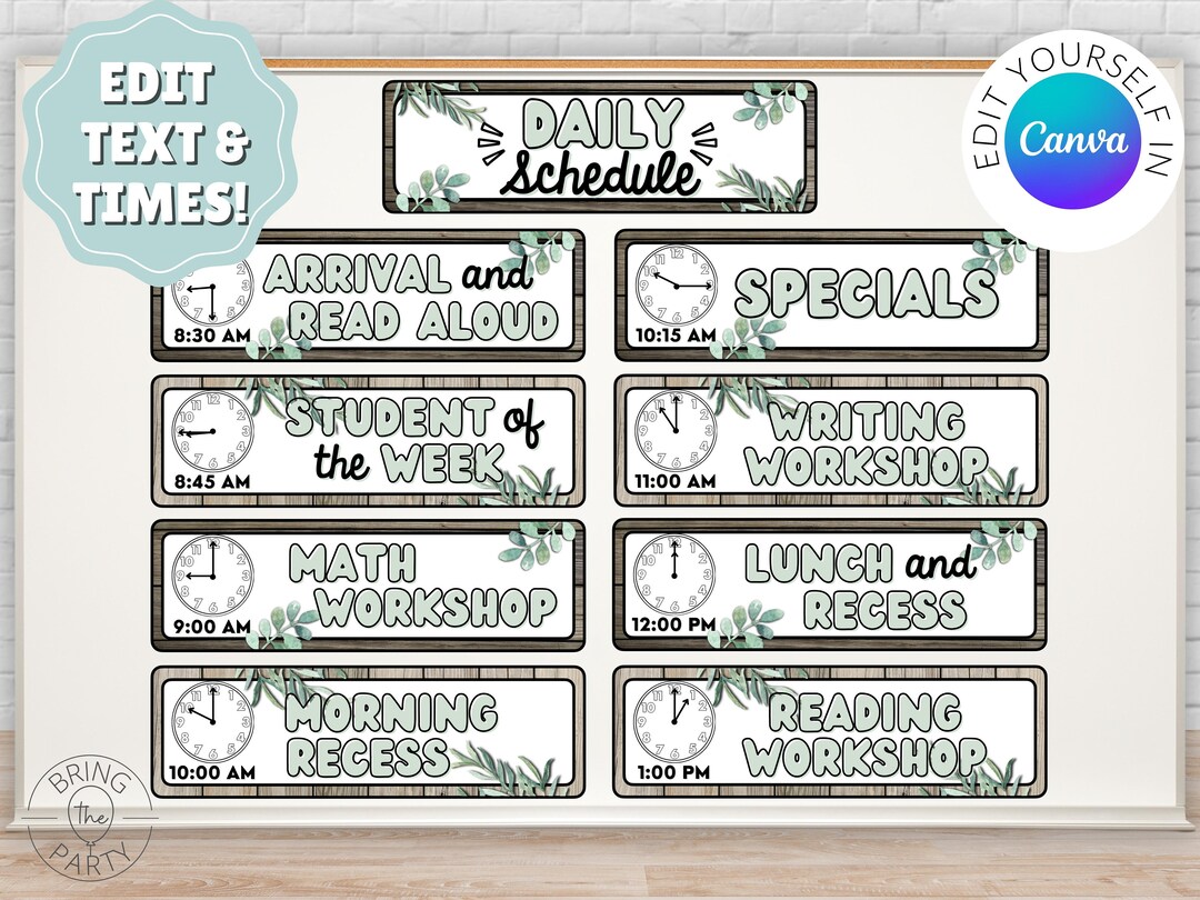 Classroom Daily Schedule Cards, Editable Canva Template, Greenery ...