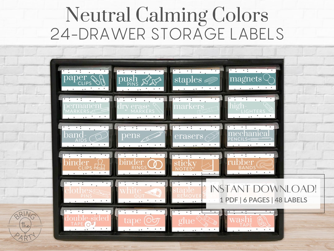 Neutral Calming Labels for Drawer Storage | 24-drawer Plastic Storage ...
