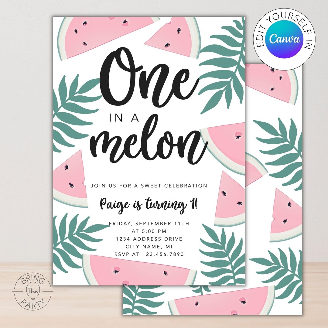 Editable One in a Melon FIRST Birthday Invite | Watermelon Birthday ...