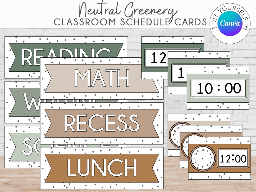 Neutral Greenery Classroom Schedule Cards | Editable Schedule ...