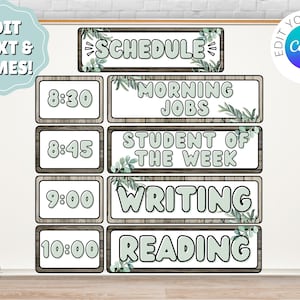 Digital Clock Daily Schedule Cards, Editable Canva Template, Greenery ...