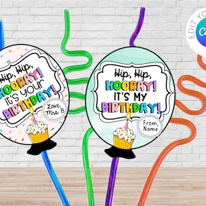 Birthday Balloon Crazy Straw Label: Canva Template (digital Download ...
