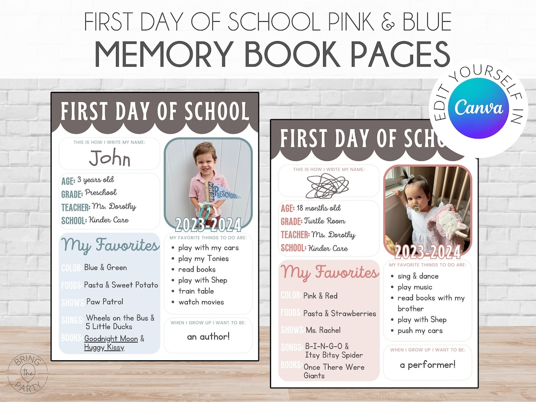 CUSTOMIZABLE First Day of School Memory Page Pink & Blue Memory Book ...