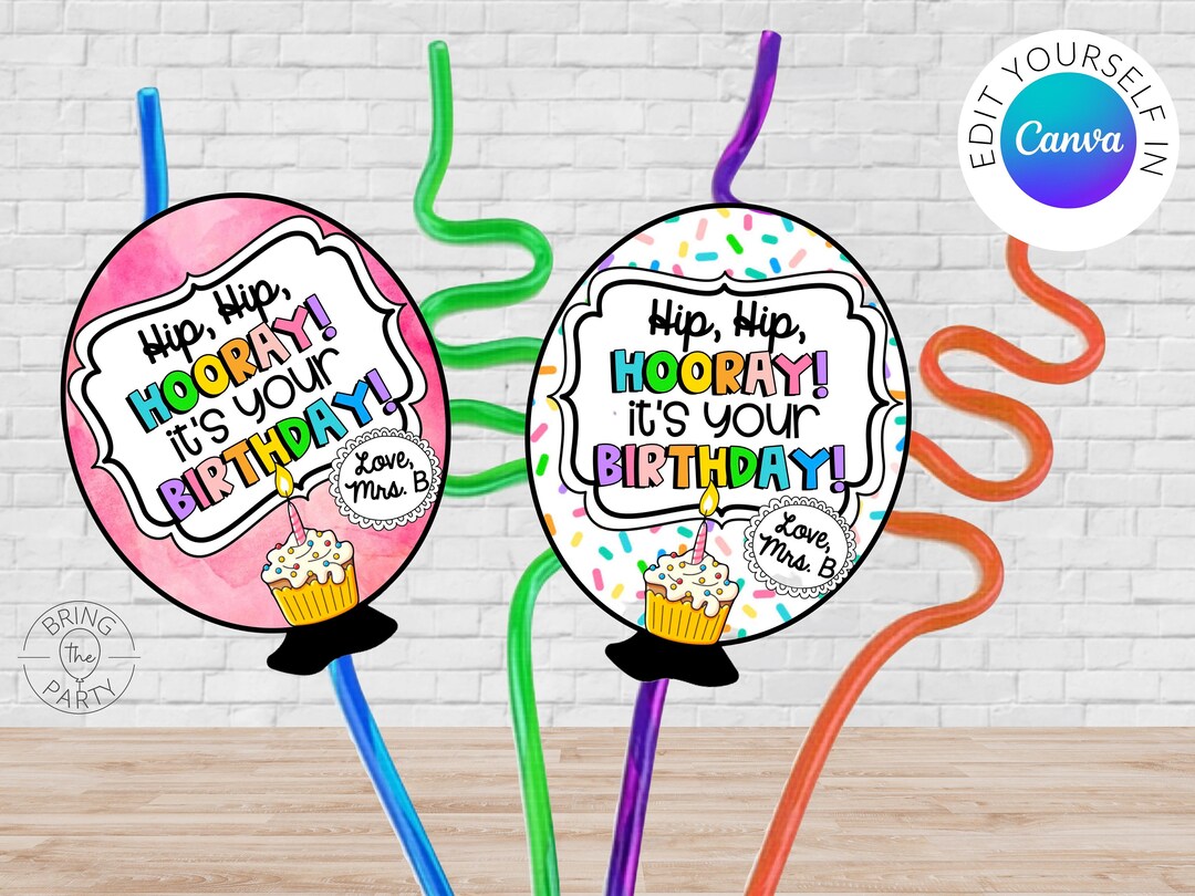 Birthday Balloon Crazy Straw Label Canva Template Canva - Etsy