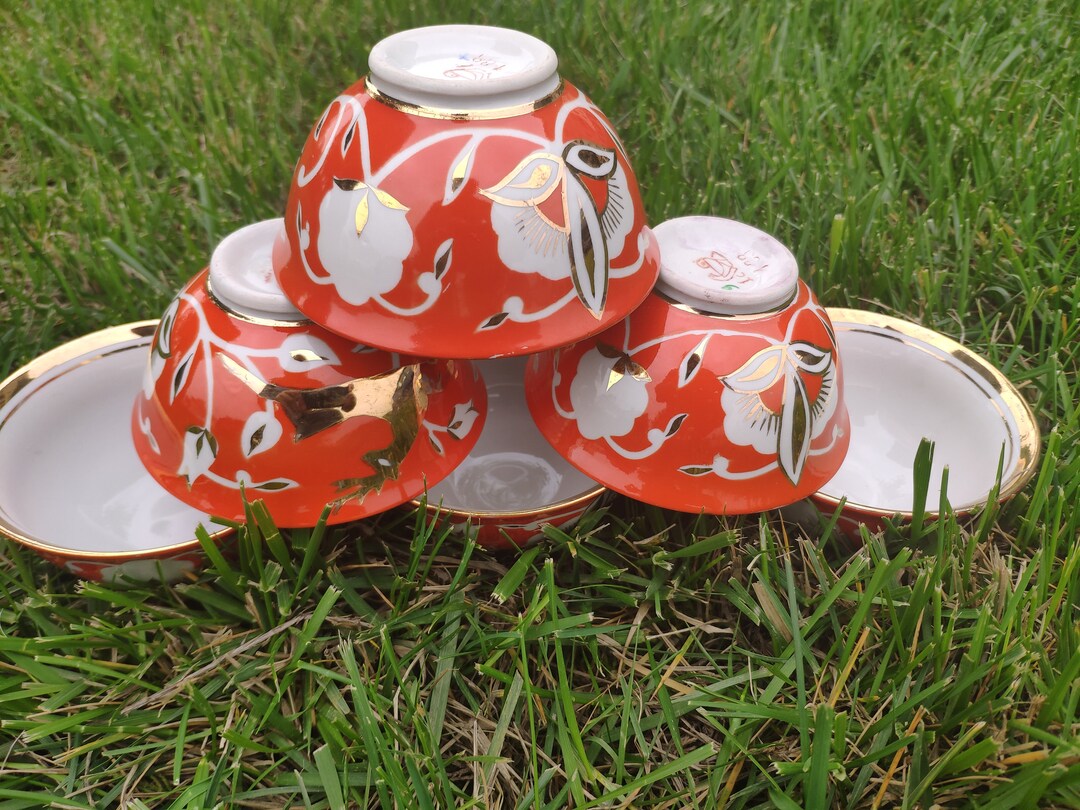 Uzbek Vintage Tea Set 6 Tea Cups Bowls Grape Paettern. Uzbek High ...