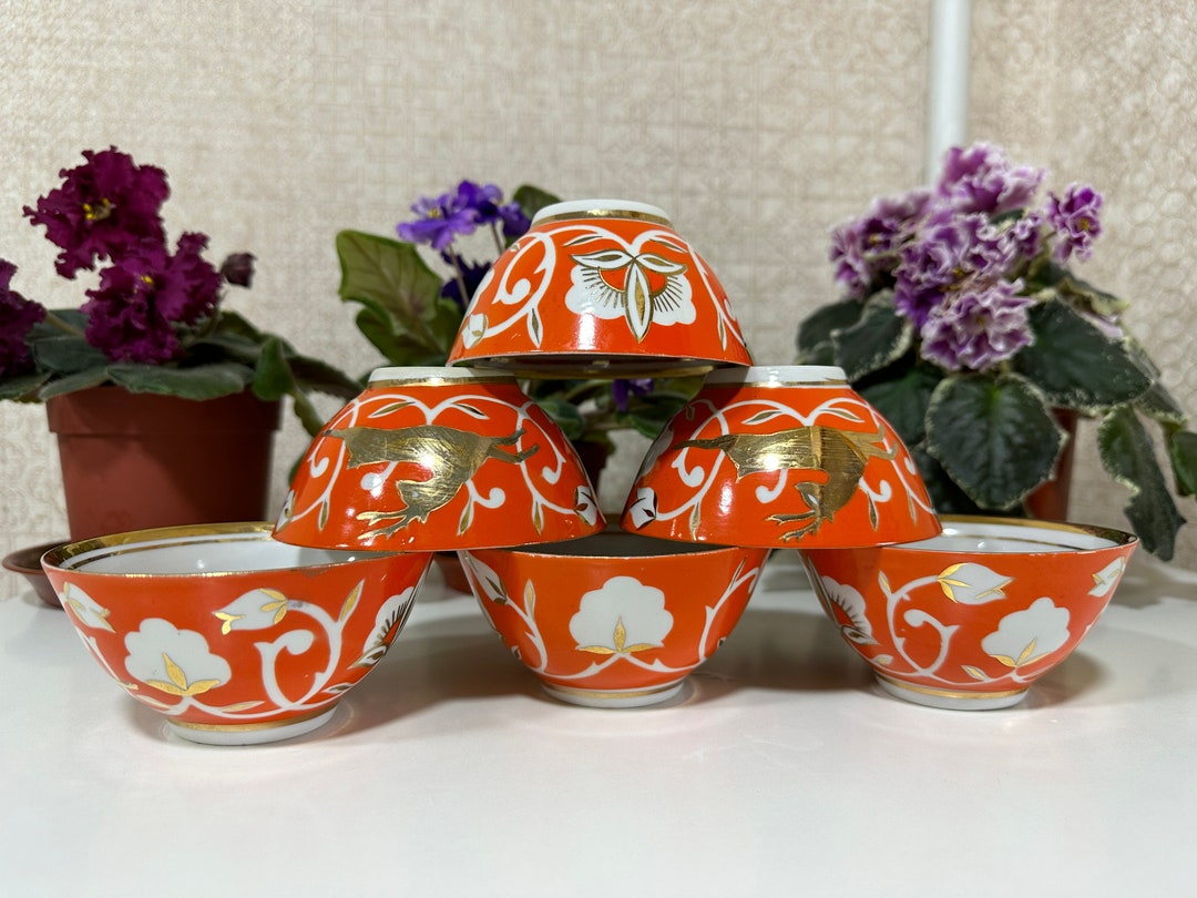 Vintage Uzbek Tea Set 6 Tea Cups Gold Deer and Cotton Paettern. Uzbek ...