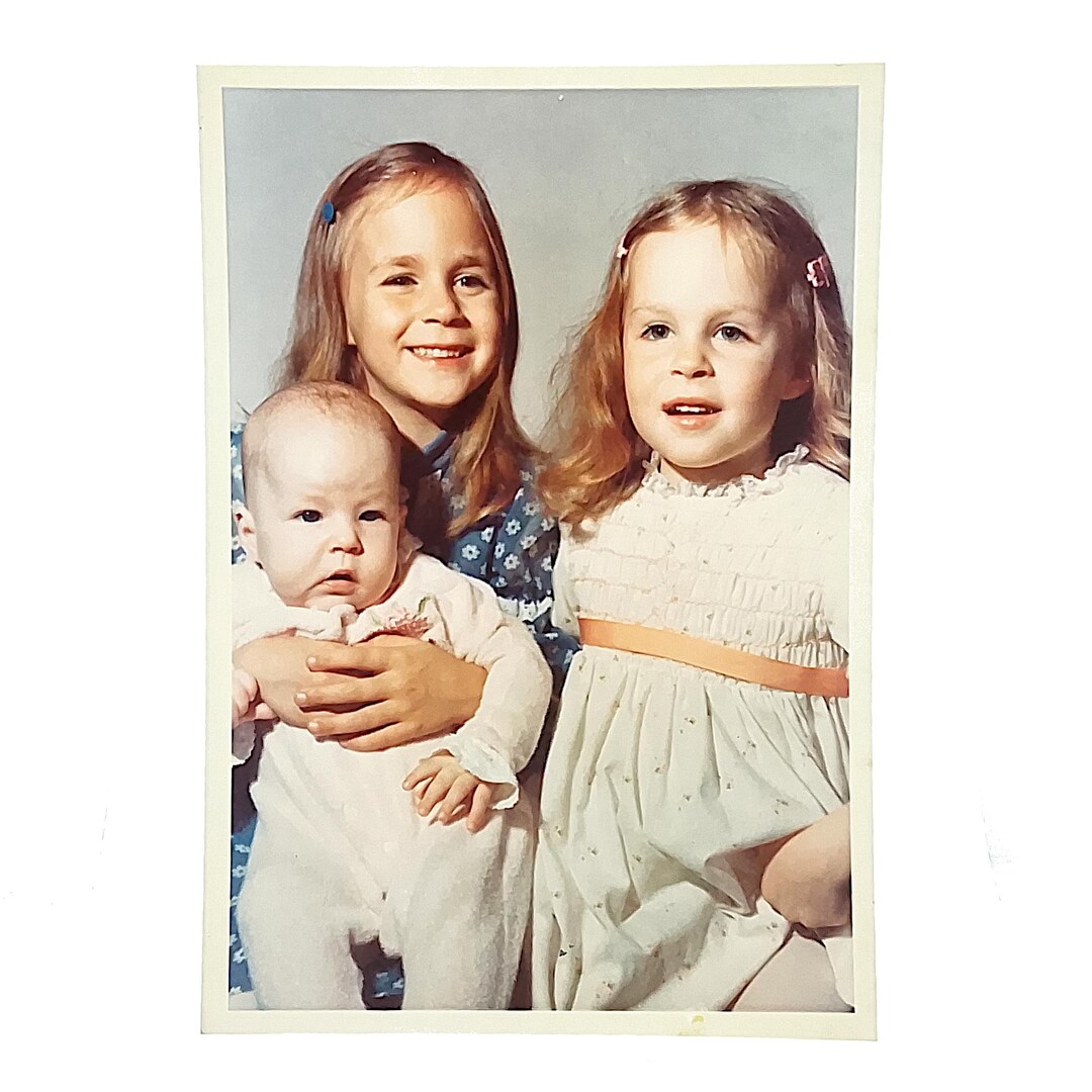 1974 Colour Family Snapshot – Two Girls Holding Baby Sister (5×7 Inch ...