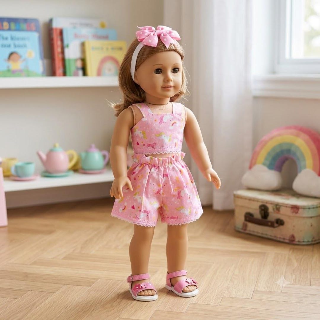 18 Inch Doll Clothes, Pink Unicorn Summer Set, Crop Top, Shorts ...