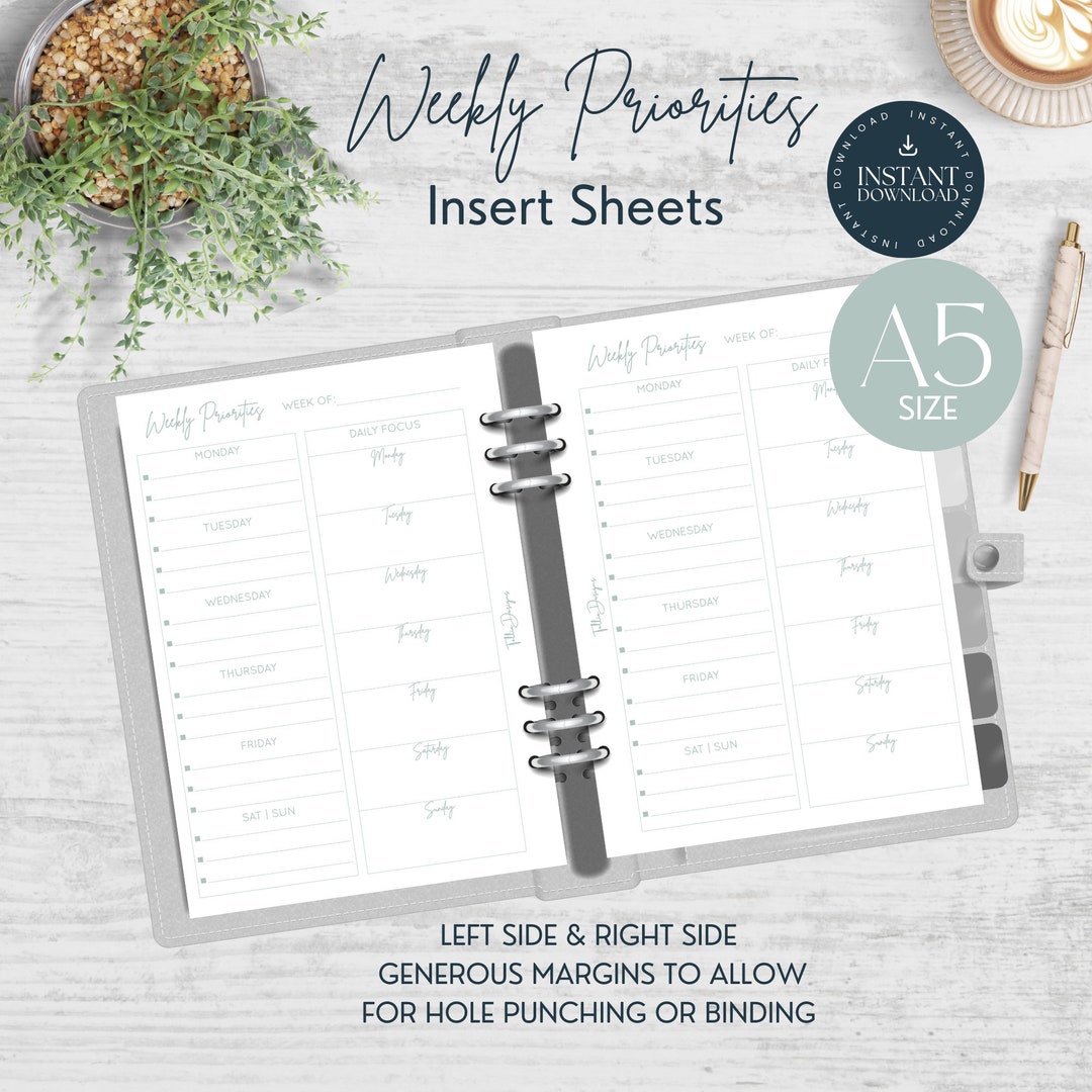Weekly Priorities, A5 Printable Pages, INSTANT DOWNLOAD, 2 Page Layout ...