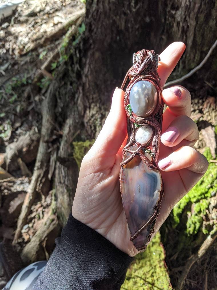 The Green Wizard Amulet Moonstone & Agate Pendant Magickal - Etsy