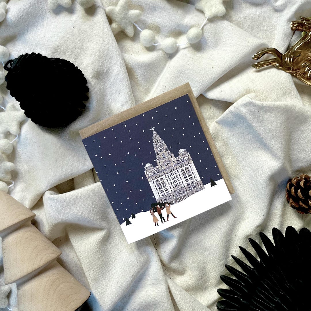 Single Liverpool Christmas Card - Royal Liver Building Illustration ...