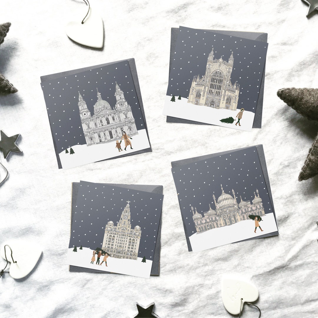 Pack of British Landmarks Christmas Cards: Illustrated Snow Scene Pack ...