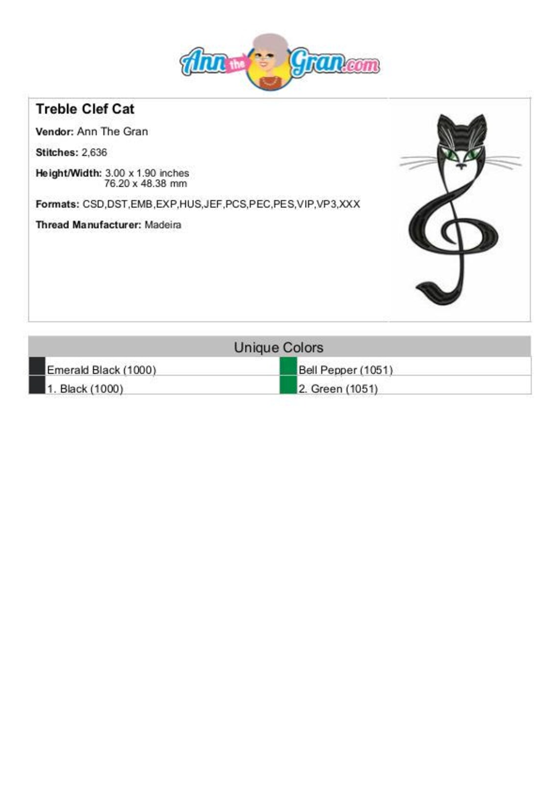 Treble Clef Cat - Machine Embroidery Design - 3 Sizes, Music Cat ...