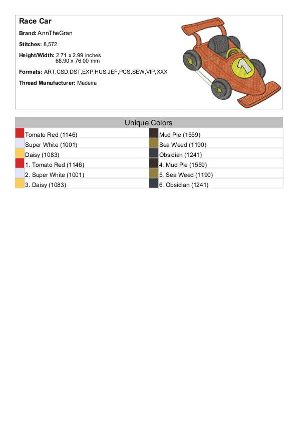 Race Car Embroidery Design. Machine Embroidery Design. Race Car Pattern ...