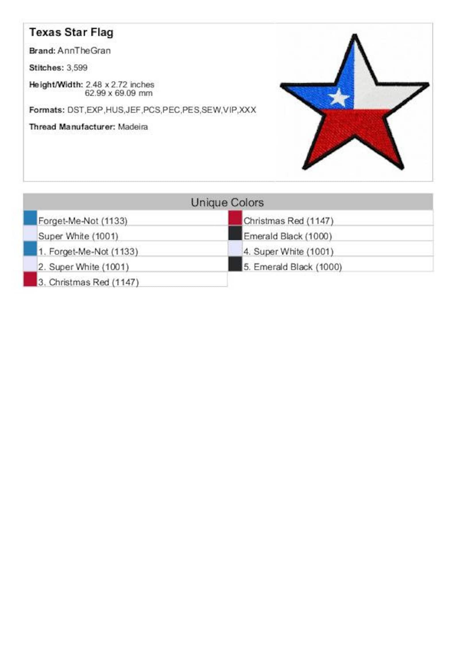 Texas Flag Embroidery Design. Machine Embroidery Design. Star Shaped ...