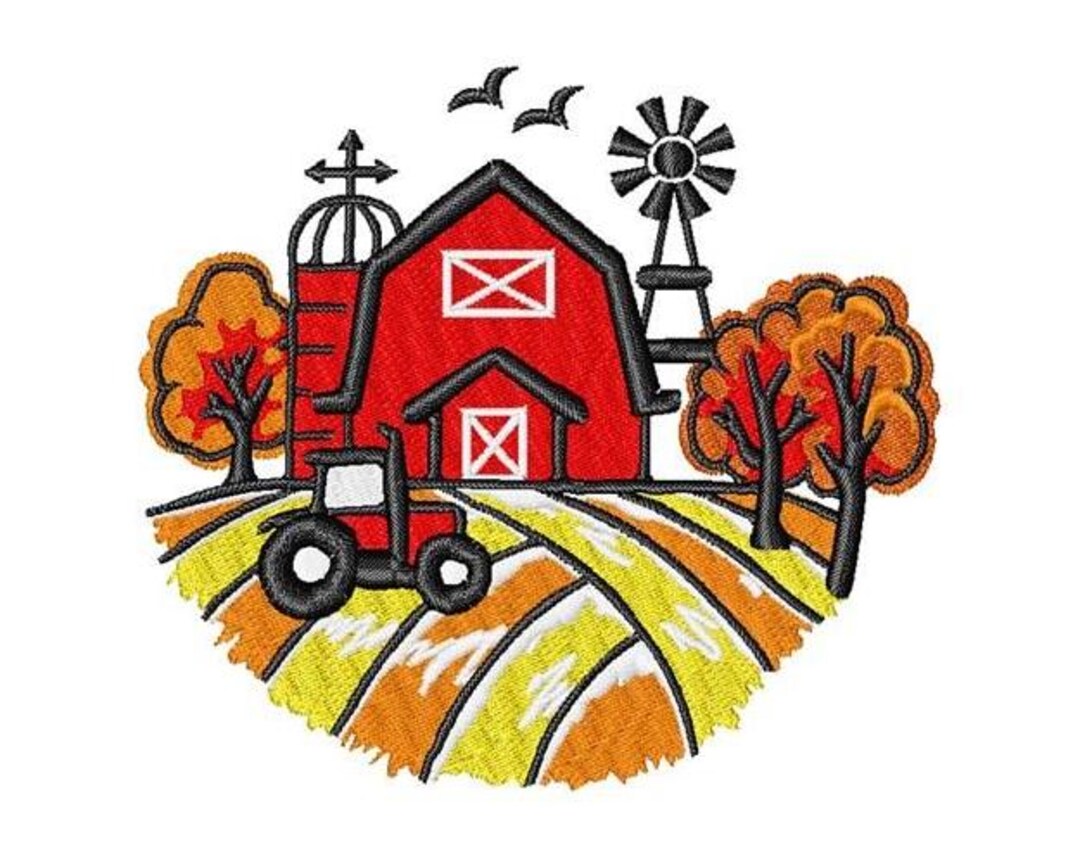 Farm Scene - Machine Embroidery Design, Red Barn, Windmill & Tractor ...
