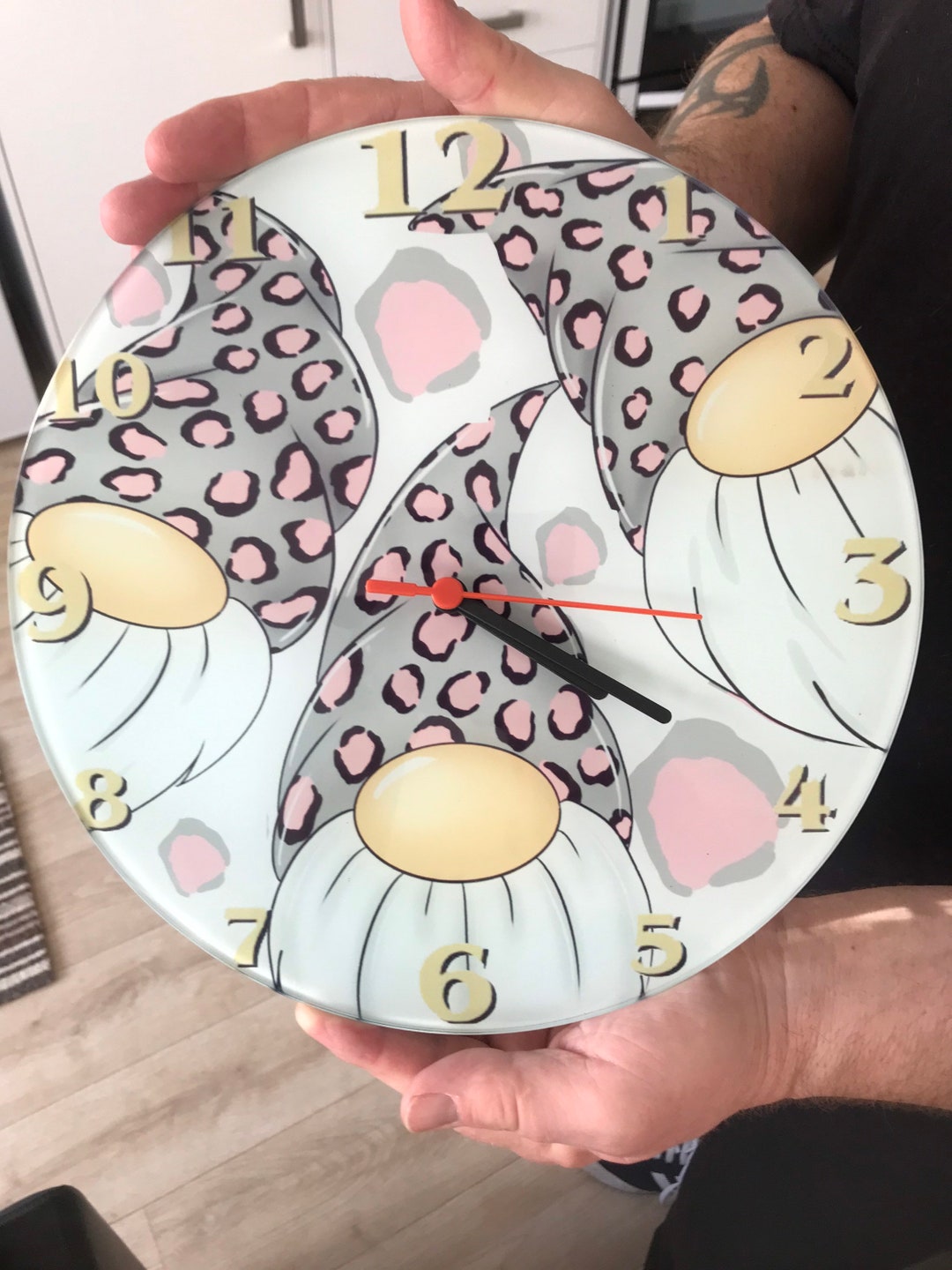 Pink & Grey Leopard Print Cute Gonk Gnome Glass Clock 30cm - Etsy UK