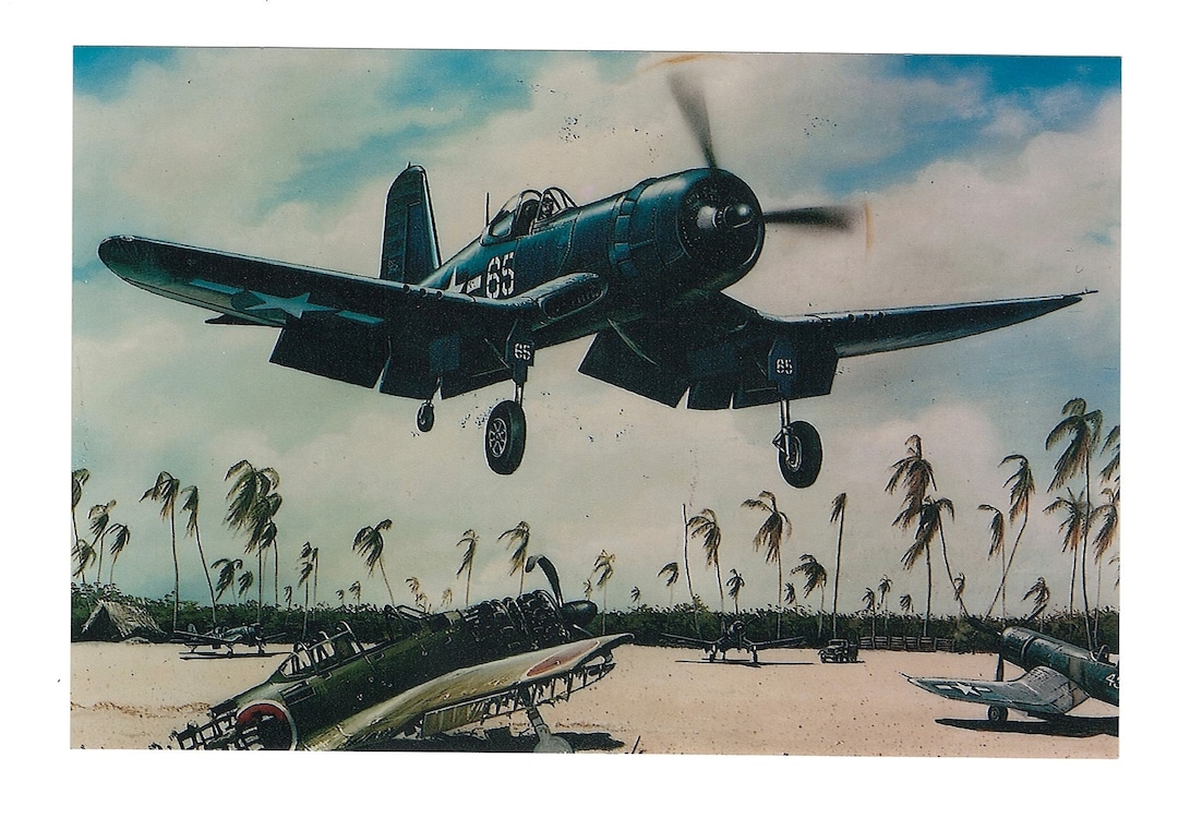 Framed 4" X 6" Painting of a F4U Corsair Based in the South Pacific ...