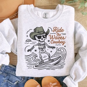 Ride the Waves Cowboy, SVG PNG Files, Vintage Surfing Cowboy Skeleton ...