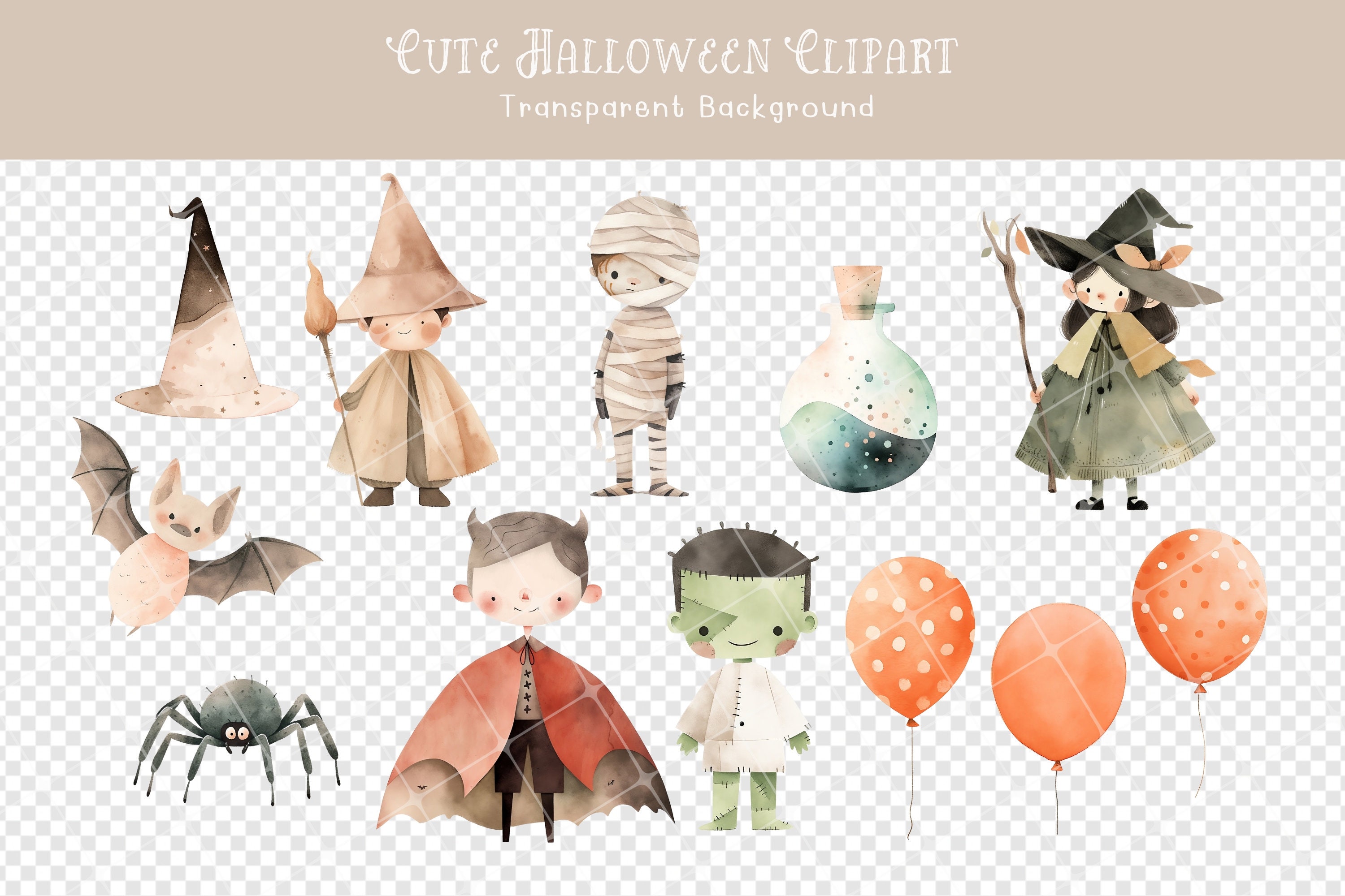 21 Cute Halloween Watercolor Clipart Witch Mummy Pumpkin - Etsy