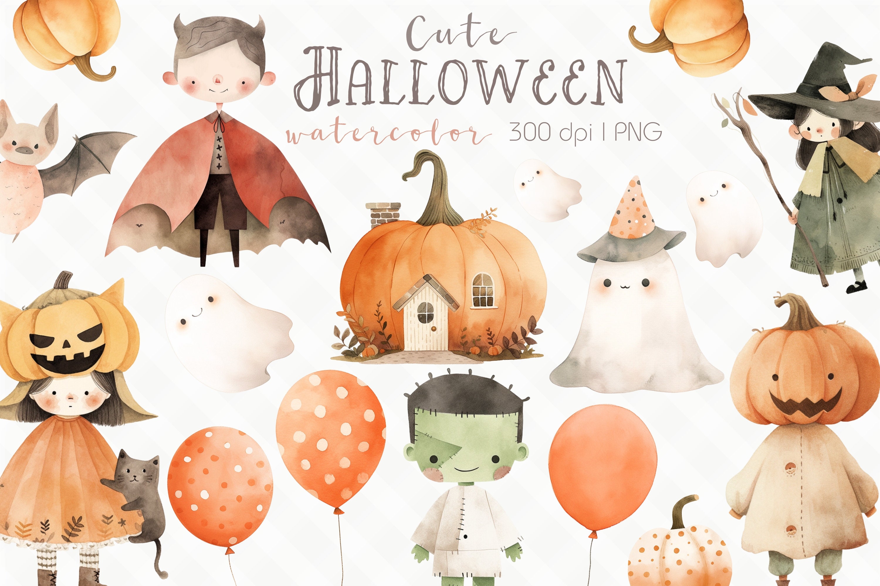 21 Cute Halloween Watercolor Clipart Witch Mummy Pumpkin - Etsy