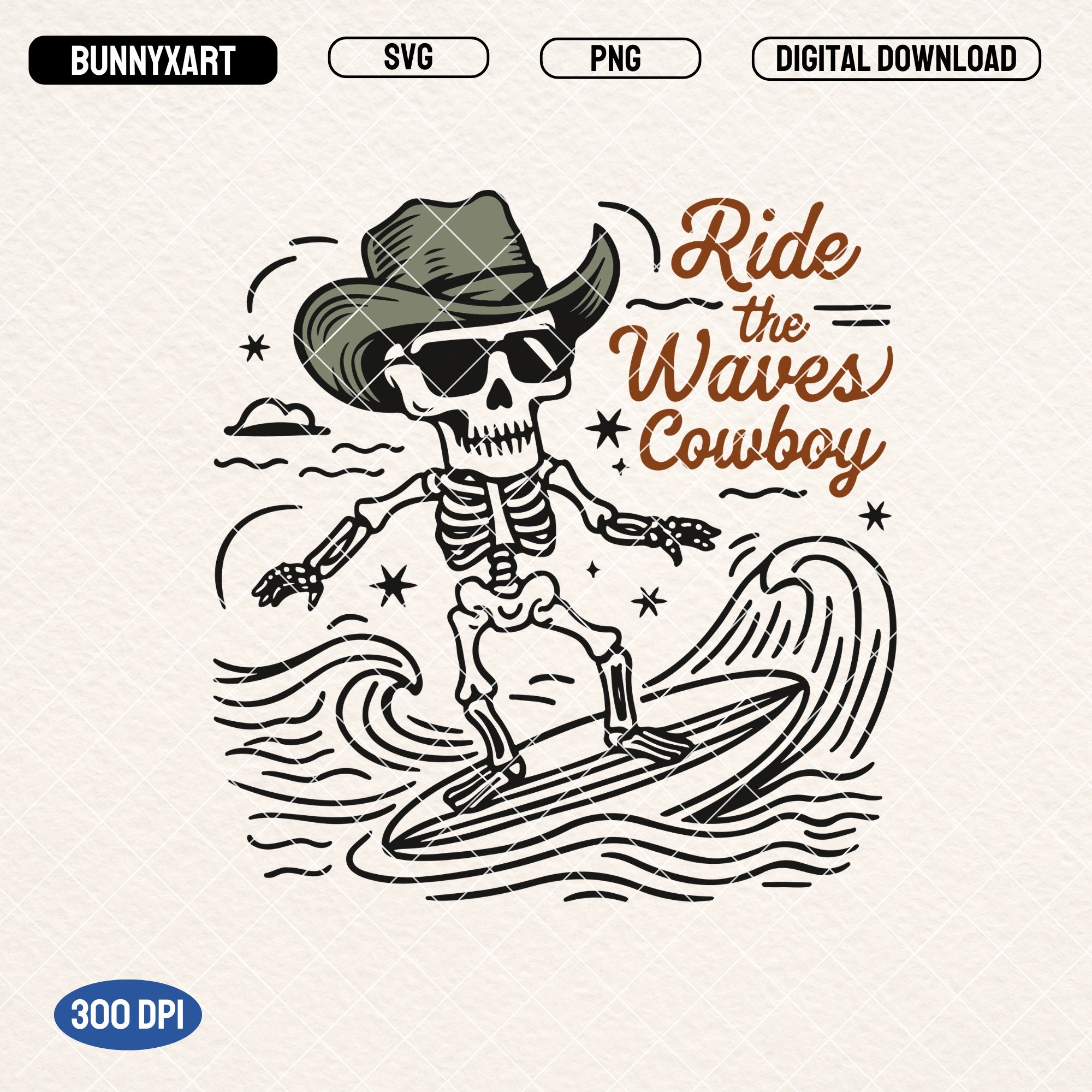 Ride the Waves Cowboy, SVG PNG Files, Vintage Surfing Cowboy Skeleton ...