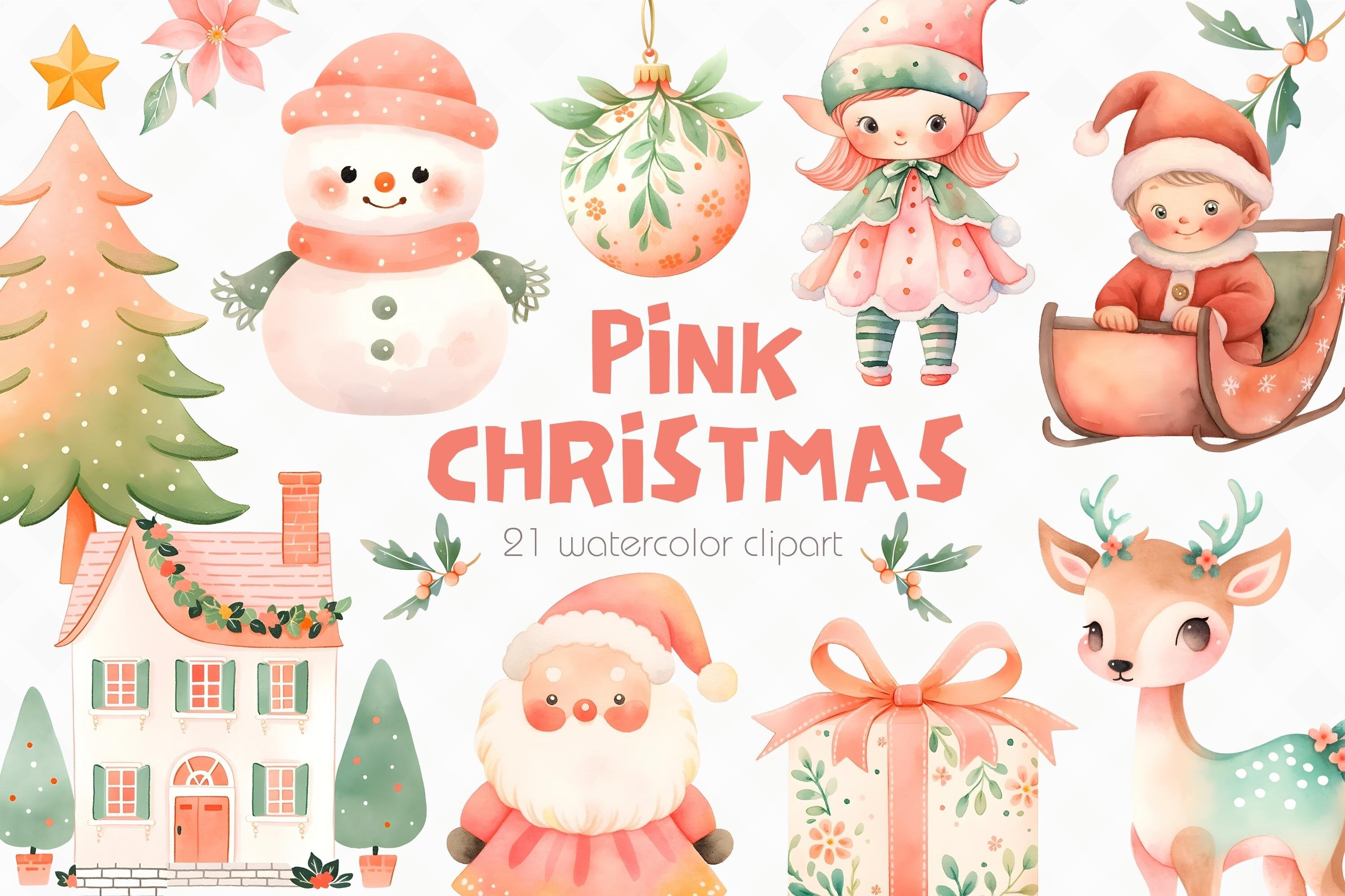 21 Pastel Christmas Clipart Bundle, Pink Christmas Watercolor, Pink Tis ...