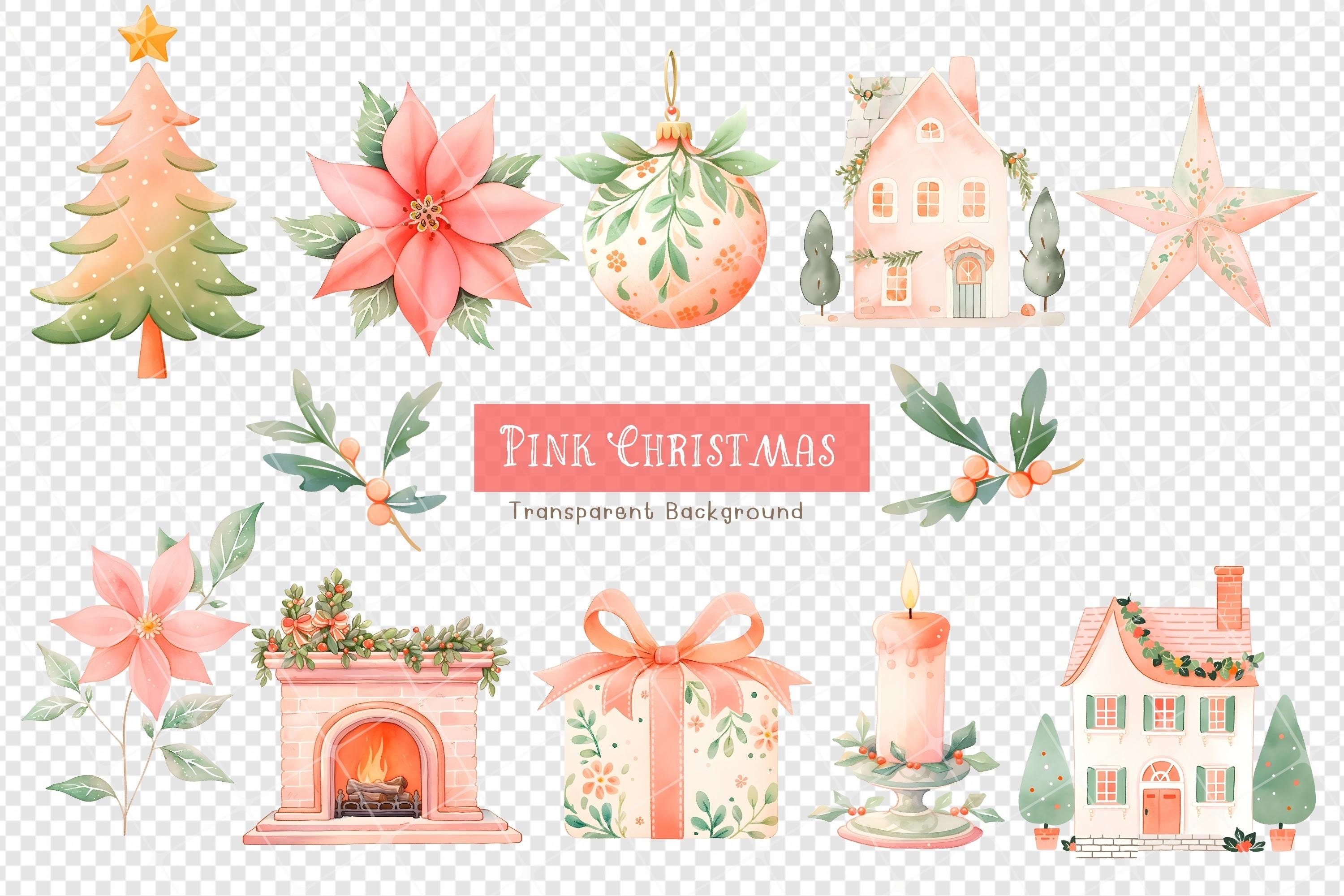 21 Pastel Christmas Clipart Bundle, Pink Christmas Watercolor, Pink Tis ...