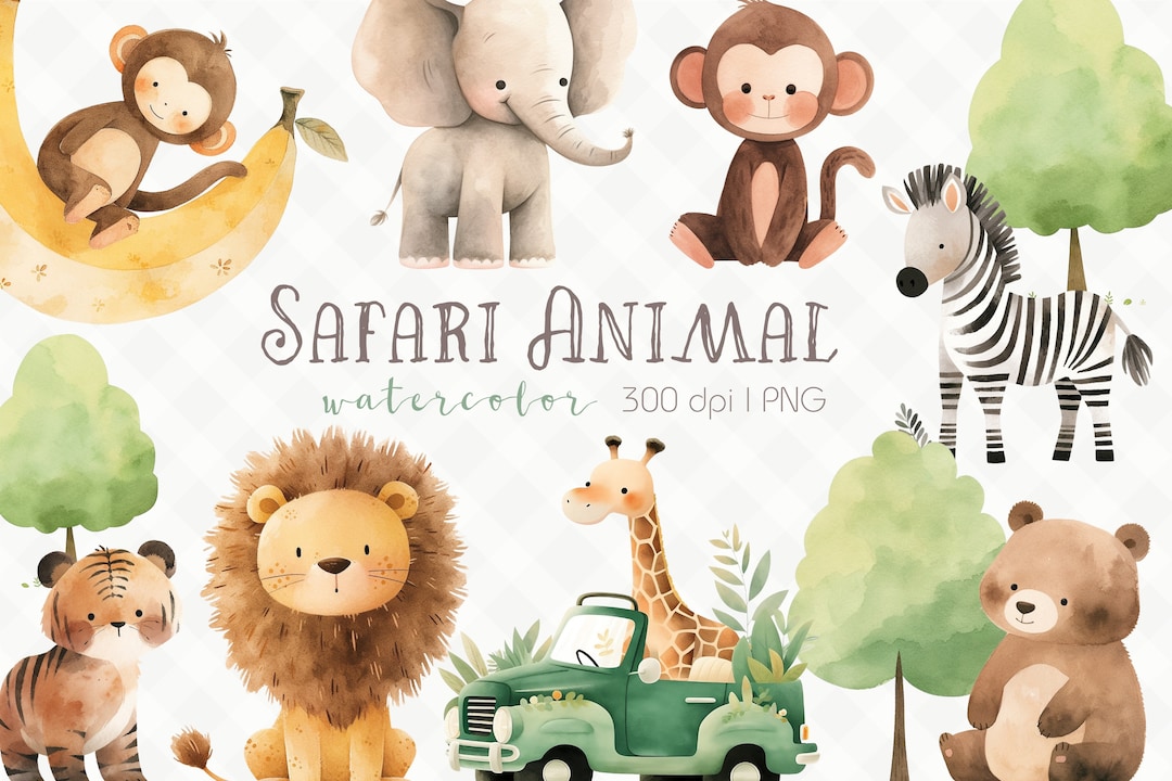 16 Safari Animal Watercolor Clipart, Safari Baby Shower, Jungle Animal ...