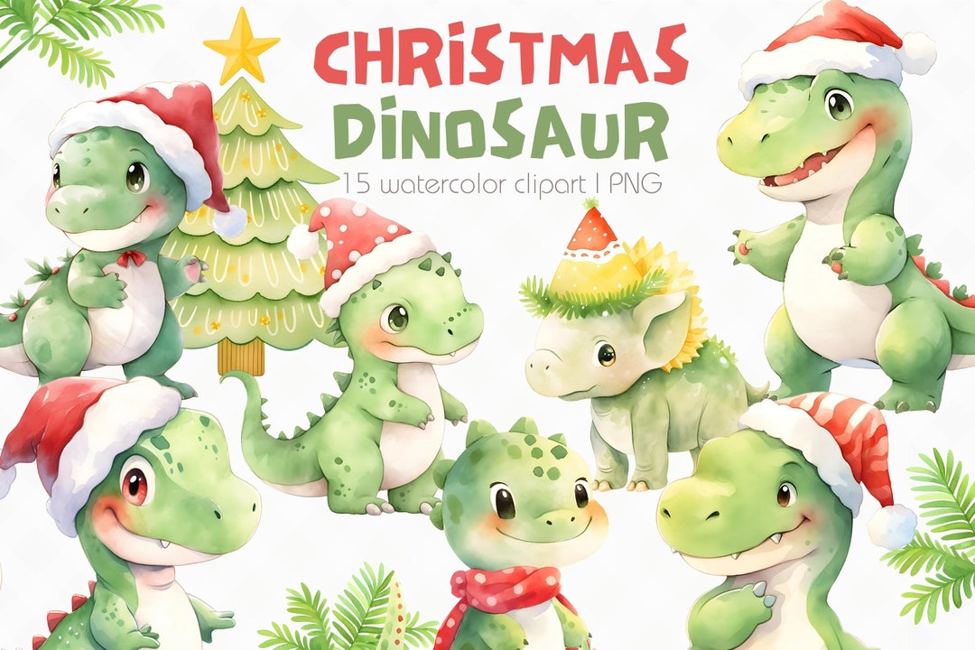 15 Watercolor Christmas Baby Dinosaur, Christmas Animal PNG, Dino Party ...