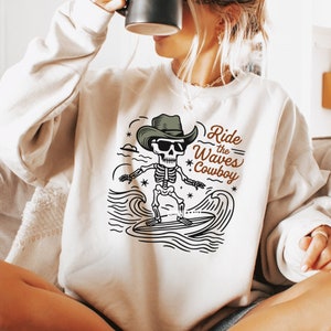 Ride the Waves Cowboy, SVG PNG Files, Vintage Surfing Cowboy Skeleton ...