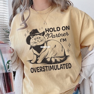 Hold on Partner Im Overstimulated SVG PNG, Cowboy Cat Shirt Design ...