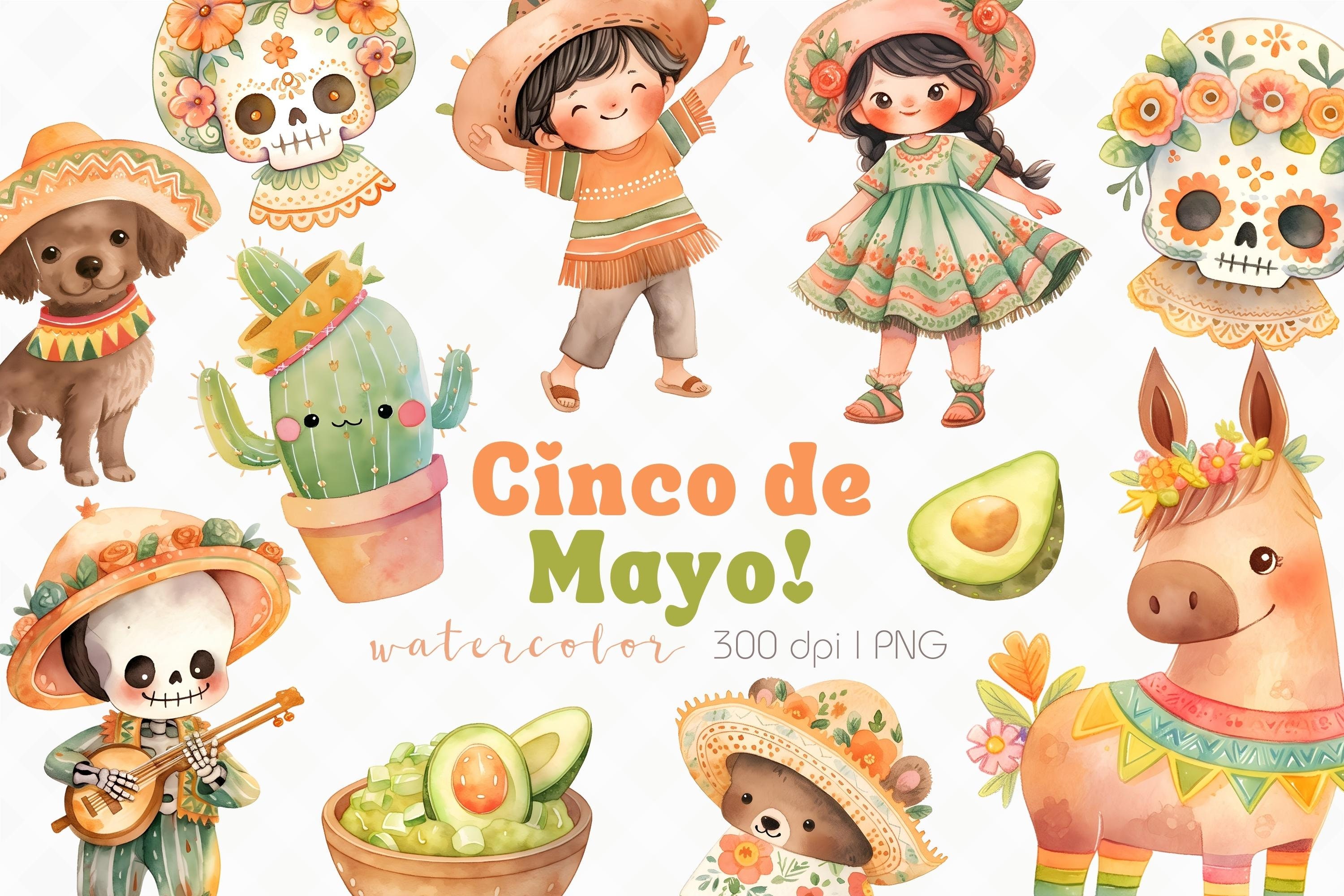 19 Cinco De Mayo Watercolor Clipart, Mexico Clipart: Cactus, Pinata ...