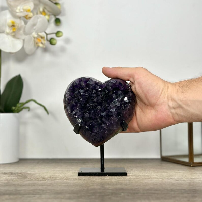 Dark Purple Amethyst Stone Heart With Metallic Stand, Large Crystal ...