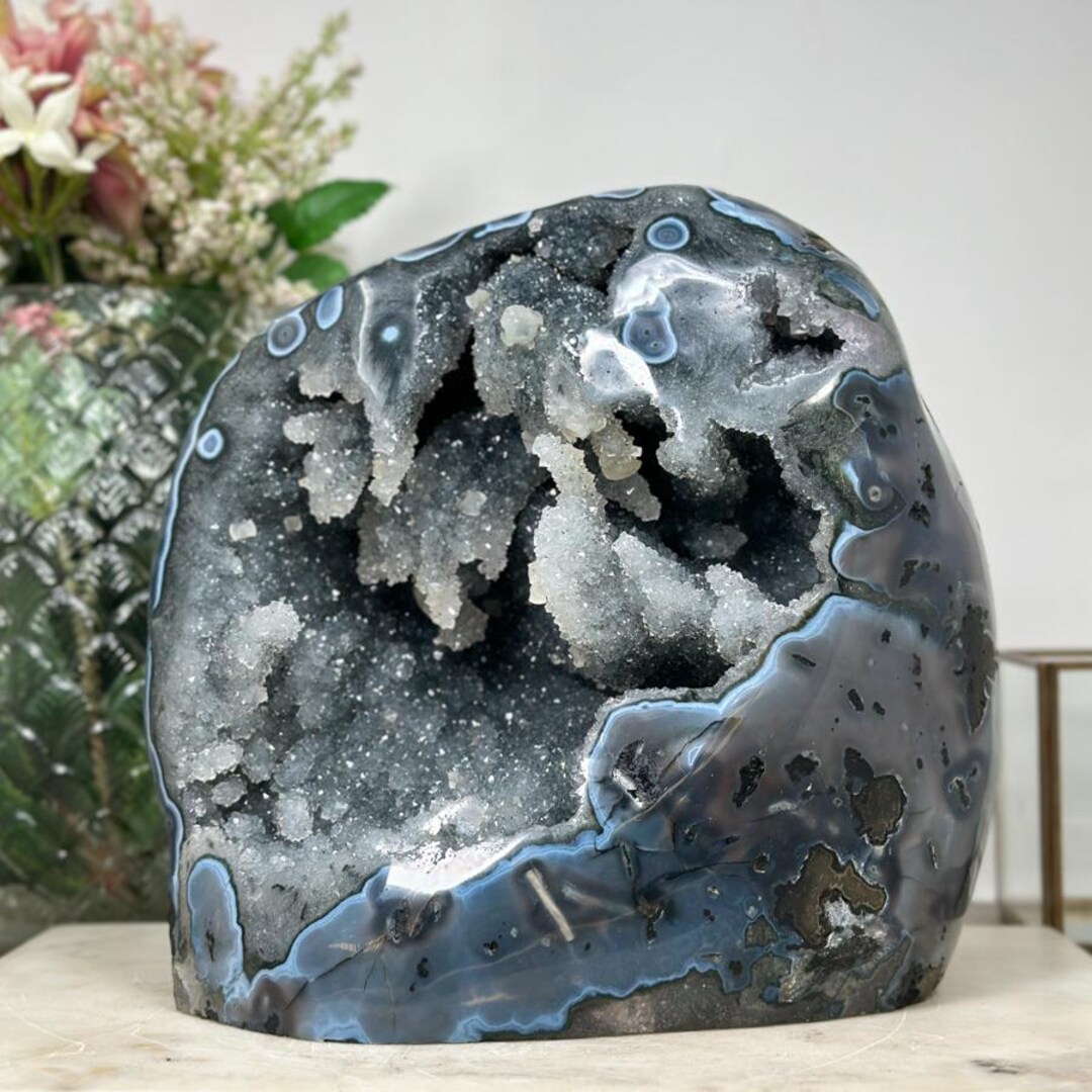Unique Large Quartz Geode With Blue Agate Shell Full of Stalactites ...